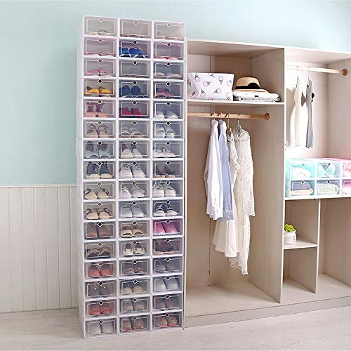 20 Pack Foldable Shoe Storage Boxes, Stackable Clear Plastic Shoe Organizer Space Saving Shoe Display Containers with Clear Lids for Women/Men, White