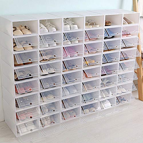 20 Pack Foldable Shoe Storage Boxes, Stackable Clear Plastic Shoe Organizer Space Saving Shoe Display Containers with Clear Lids for Women/Men, White