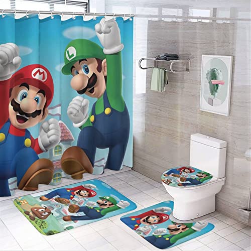 Cartoon 4 Piece Bathroom Set, Waterproof Shower Curtains for Bathroom Set with Shower Mat Non Slip & Toilet Lid Cover and U Shower Mat