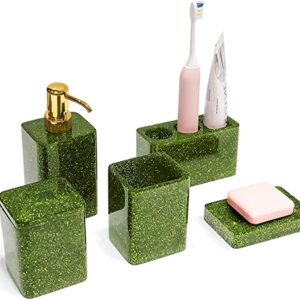 Green Bathroom Accessory Decor Set,5Pcs Premium Resin Bath Accesorios para Baños,Luxury Bling Bathroom Sink Essentials for New Apartment Restroom,Green Toothbrush Holder & Soap Dispenser Set,Giftable