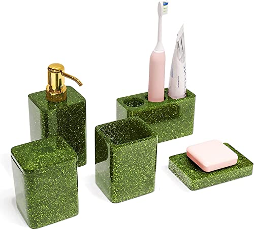 Green Bathroom Accessory Decor Set,5Pcs Premium Resin Bath Accesorios para Baños,Luxury Bling Bathroom Sink Essentials for New Apartment Restroom,Green Toothbrush Holder & Soap Dispenser Set,Giftable