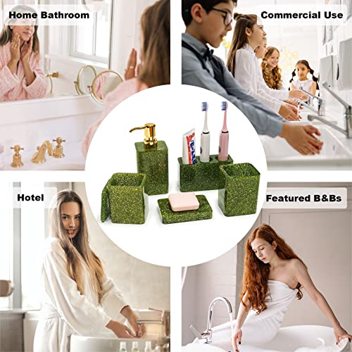 Green Bathroom Accessory Decor Set,5Pcs Premium Resin Bath Accesorios para Baños,Luxury Bling Bathroom Sink Essentials for New Apartment Restroom,Green Toothbrush Holder & Soap Dispenser Set,Giftable