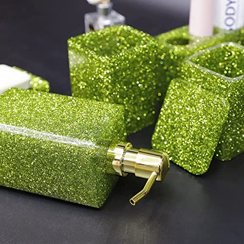 Green Bathroom Accessory Decor Set,5Pcs Premium Resin Bath Accesorios para Baños,Luxury Bling Bathroom Sink Essentials for New Apartment Restroom,Green Toothbrush Holder & Soap Dispenser Set,Giftable