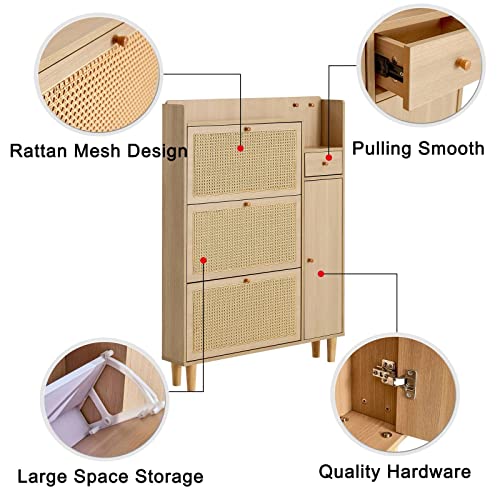 RUNOLIG Rattan Shoe Cabinet, Hidden Shoe Storage with Rattan Mesh Design and 2 Hanging Hooks, Wood Shoe Organizer with 3 Flip Down Drawers and 2 Storage Drawers, Narrow Shoe Cabinet for Entryway