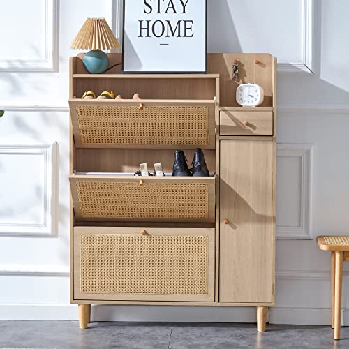 RUNOLIG Rattan Shoe Cabinet, Hidden Shoe Storage with Rattan Mesh Design and 2 Hanging Hooks, Wood Shoe Organizer with 3 Flip Down Drawers and 2 Storage Drawers, Narrow Shoe Cabinet for Entryway