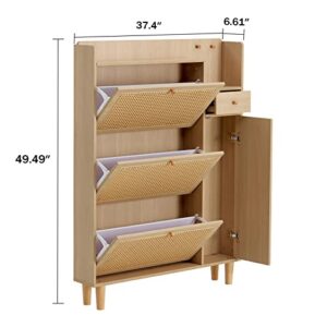 RUNOLIG Rattan Shoe Cabinet, Hidden Shoe Storage with Rattan Mesh Design and 2 Hanging Hooks, Wood Shoe Organizer with 3 Flip Down Drawers and 2 Storage Drawers, Narrow Shoe Cabinet for Entryway