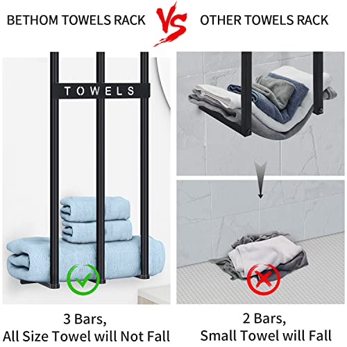 Wall Towel Rack for Rolled Towels, Bethom New Upgrade 3 Bar Towel Racks for Bathroom Wall Mounted, Bathroom Towel Storage, Metal Bath Towel Holder for Folded Large Towel Washcloths, Black