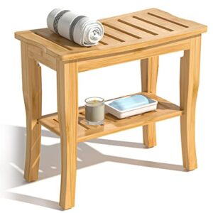 bamboo shower bench & stool waterproof - wood shower bench with storage shelf for inside shower(classic natural)