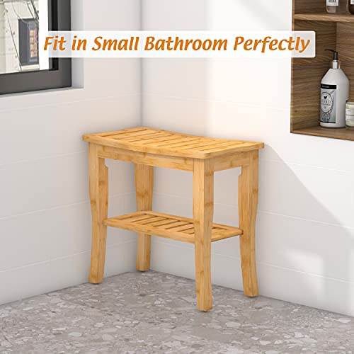 Bamboo Shower Bench & Stool Waterproof - Wood Shower Bench with Storage Shelf for Inside Shower(Classic Natural)