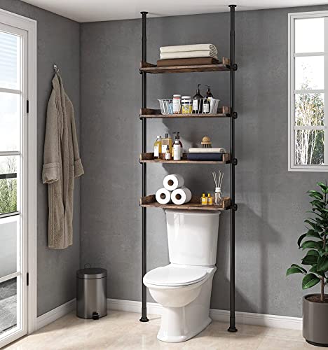 ALLZONE Bathroom Organizer, Over The Toilet Storage, 4-Tier Adjustable Wood Shelves for Small Rooms, Saver Space Rack, 92 to 116 Inch Tall, Narrow Cabinet, Rustic Brown