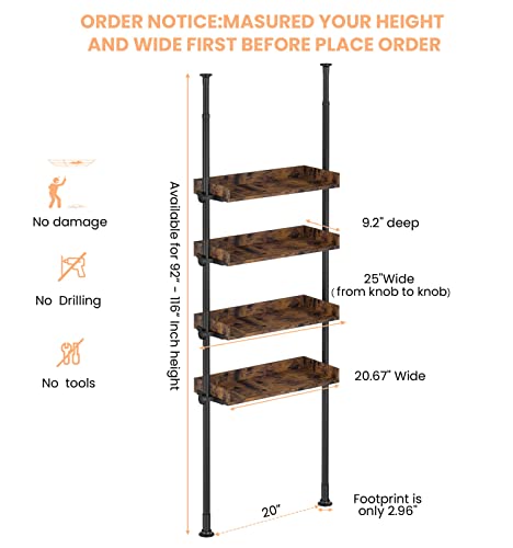 ALLZONE Bathroom Organizer, Over The Toilet Storage, 4-Tier Adjustable Wood Shelves for Small Rooms, Saver Space Rack, 92 to 116 Inch Tall, Narrow Cabinet, Rustic Brown