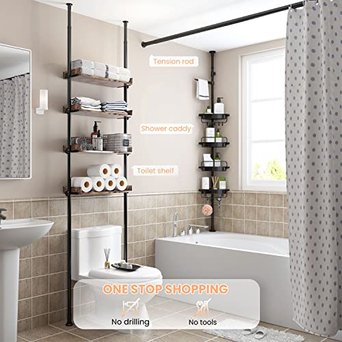 ALLZONE Bathroom Organizer, Over The Toilet Storage, 4-Tier Adjustable Wood Shelves for Small Rooms, Saver Space Rack, 92 to 116 Inch Tall, Narrow Cabinet, Rustic Brown