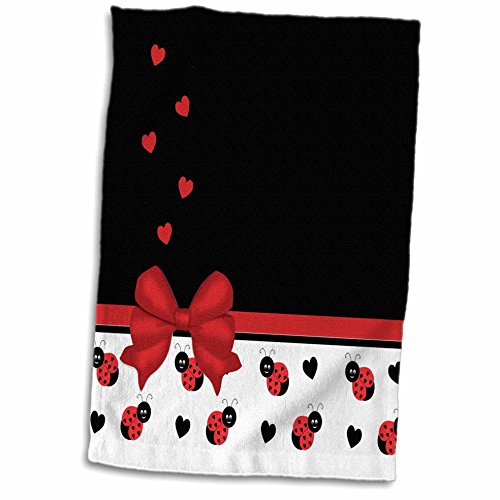 3D Rose Cute Black Ladybugs Floating Hearts Red Ribbon Towel, 15" x 22", Multicolor