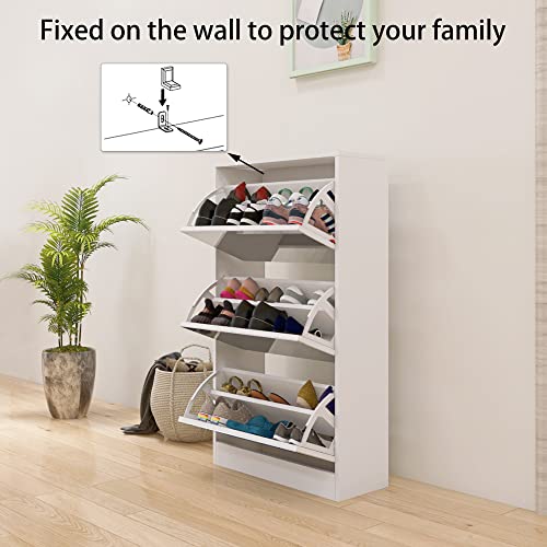 Veemuaro Shoe Cabinet, 3 Flip Drawers Free Standing Shoe Rack with with Mirror, White Wood Slim Shoe Storage Cabinet for Entryway, Hallway, and Corridor, Holds 18 Pair Shoes