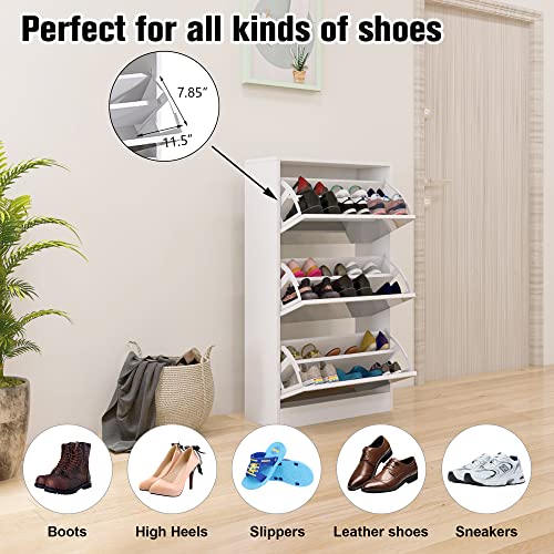 Veemuaro Shoe Cabinet, 3 Flip Drawers Free Standing Shoe Rack with with Mirror, White Wood Slim Shoe Storage Cabinet for Entryway, Hallway, and Corridor, Holds 18 Pair Shoes