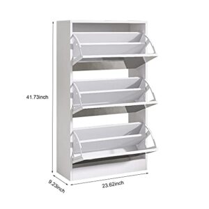 Veemuaro Shoe Cabinet, 3 Flip Drawers Free Standing Shoe Rack with with Mirror, White Wood Slim Shoe Storage Cabinet for Entryway, Hallway, and Corridor, Holds 18 Pair Shoes