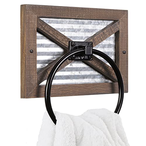 Autumn Alley Farmhouse Decor Hand Towel Ring for Bathroom - Rustic Hand Towel Holder - Rustic Towel Rack Ring Holder, Wall Mounted, Bathroom Decor Towels Mix of Wood, Galvanized Metal & Black Ring