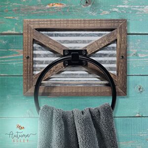 Autumn Alley Farmhouse Decor Hand Towel Ring for Bathroom - Rustic Hand Towel Holder - Rustic Towel Rack Ring Holder, Wall Mounted, Bathroom Decor Towels Mix of Wood, Galvanized Metal & Black Ring