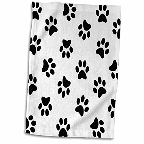 3D Rose Paw Print Pattern-Black Pawprints On White-Cute Cartoon Animal Eg Dog Or Cat Footprints Towel, 15" x 22", Multicolor