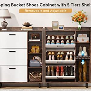 Tribesigns Flip Drawers Shoe Cabinet, Freestanding Tipping Bucket Shoes Cabinet Wooden Shoe Rack with 3 Flip Drawers and 5 Tiers Shelves, Shoes Cabinet Organizer for Entryway,Living Room (Brown&White)