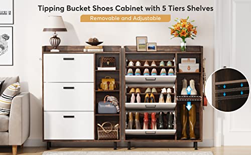 Tribesigns Flip Drawers Shoe Cabinet, Freestanding Tipping Bucket Shoes Cabinet Wooden Shoe Rack with 3 Flip Drawers and 5 Tiers Shelves, Shoes Cabinet Organizer for Entryway,Living Room (Brown&White)