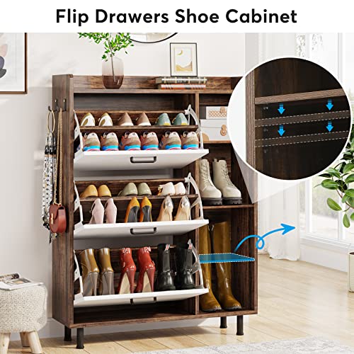 Tribesigns Flip Drawers Shoe Cabinet, Freestanding Tipping Bucket Shoes Cabinet Wooden Shoe Rack with 3 Flip Drawers and 5 Tiers Shelves, Shoes Cabinet Organizer for Entryway,Living Room (Brown&White)