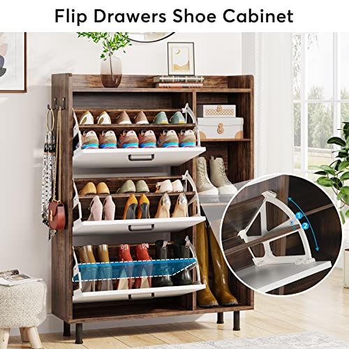 Tribesigns Flip Drawers Shoe Cabinet, Freestanding Tipping Bucket Shoes Cabinet Wooden Shoe Rack with 3 Flip Drawers and 5 Tiers Shelves, Shoes Cabinet Organizer for Entryway,Living Room (Brown&White)