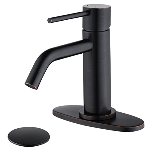 Oil Rubbed Bronze Bathroom Faucets Single Hole with 6 inch Deck Plate, JXMMP 1 Handle Rubbed Bronze Faucet for Bathroom Sink with Pop Up Drain and Water Faucet Supply Lines