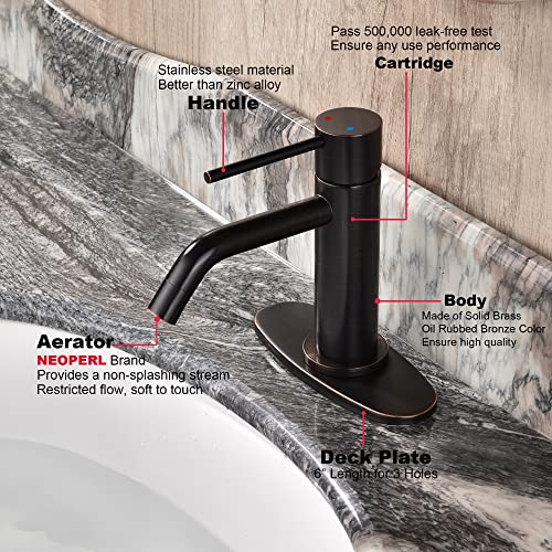 Oil Rubbed Bronze Bathroom Faucets Single Hole with 6 inch Deck Plate, JXMMP 1 Handle Rubbed Bronze Faucet for Bathroom Sink with Pop Up Drain and Water Faucet Supply Lines