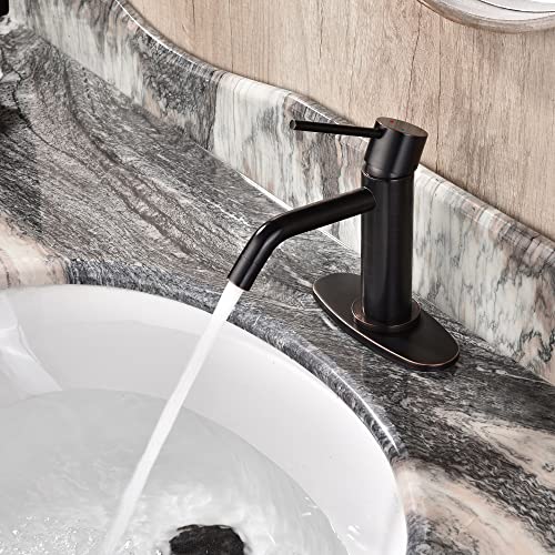 Oil Rubbed Bronze Bathroom Faucets Single Hole with 6 inch Deck Plate, JXMMP 1 Handle Rubbed Bronze Faucet for Bathroom Sink with Pop Up Drain and Water Faucet Supply Lines