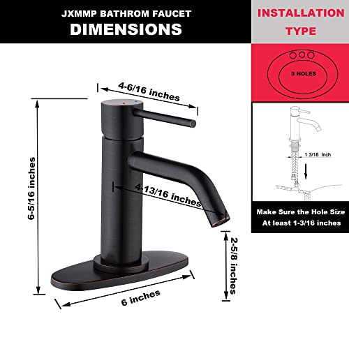 Oil Rubbed Bronze Bathroom Faucets Single Hole with 6 inch Deck Plate, JXMMP 1 Handle Rubbed Bronze Faucet for Bathroom Sink with Pop Up Drain and Water Faucet Supply Lines