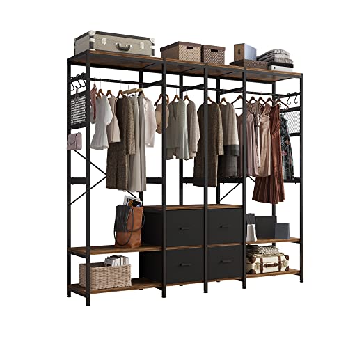 6ft Tall Walk In Closet Organizers And Storage System Heavy Duty Metal Closet Organizer With Parallel Bars, Shelves, Drawers And Clothes Hooks for Bedroom, Wardrobe Storage Rack Black & Walnut Brown