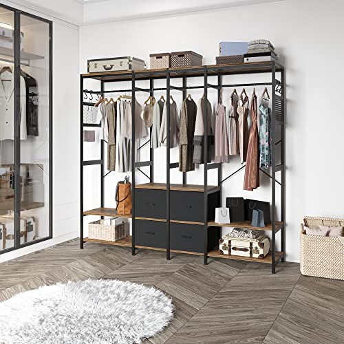 6ft Tall Walk In Closet Organizers And Storage System Heavy Duty Metal Closet Organizer With Parallel Bars, Shelves, Drawers And Clothes Hooks for Bedroom, Wardrobe Storage Rack Black & Walnut Brown