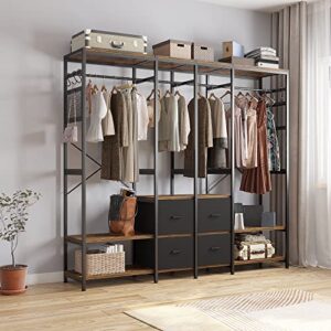 6ft Tall Walk In Closet Organizers And Storage System Heavy Duty Metal Closet Organizer With Parallel Bars, Shelves, Drawers And Clothes Hooks for Bedroom, Wardrobe Storage Rack Black & Walnut Brown