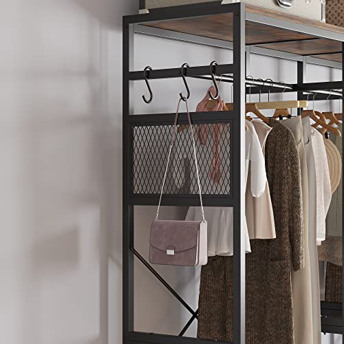 6ft Tall Walk In Closet Organizers And Storage System Heavy Duty Metal Closet Organizer With Parallel Bars, Shelves, Drawers And Clothes Hooks for Bedroom, Wardrobe Storage Rack Black & Walnut Brown