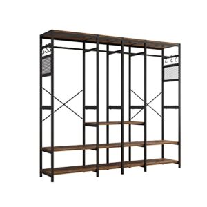 6ft Tall Walk In Closet Organizers And Storage System Heavy Duty Metal Closet Organizer With Parallel Bars, Shelves, Drawers And Clothes Hooks for Bedroom, Wardrobe Storage Rack Black & Walnut Brown