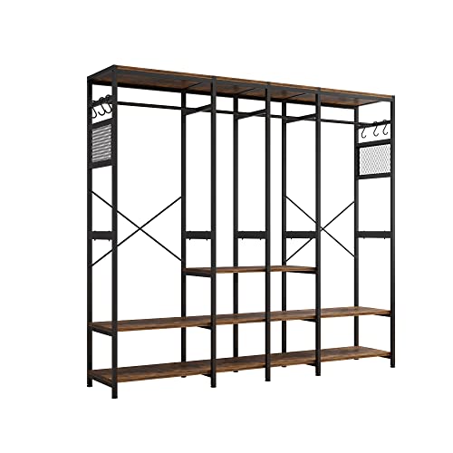 6ft Tall Walk In Closet Organizers And Storage System Heavy Duty Metal Closet Organizer With Parallel Bars, Shelves, Drawers And Clothes Hooks for Bedroom, Wardrobe Storage Rack Black & Walnut Brown