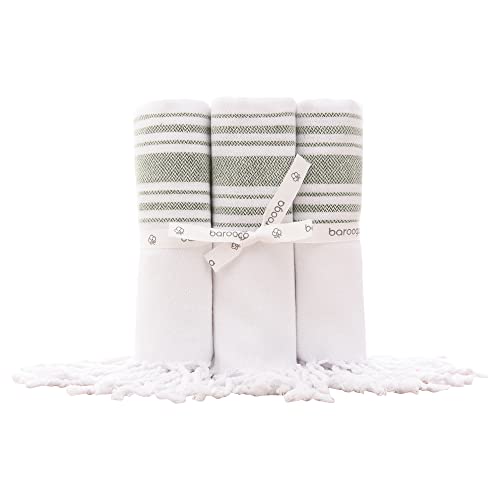 BAROOGA Hand Towels for Bathroom (Set of 3) Turkish Kitchen Towels, Farmhouse Towels for Kitchen, Fringe Tea Dish Cloth Set, Quick Dry and Highly Absorbent (18 x 38 inches) (Khaki Green)