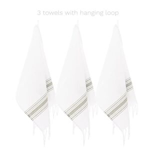 BAROOGA Hand Towels for Bathroom (Set of 3) Turkish Kitchen Towels, Farmhouse Towels for Kitchen, Fringe Tea Dish Cloth Set, Quick Dry and Highly Absorbent (18 x 38 inches) (Khaki Green)