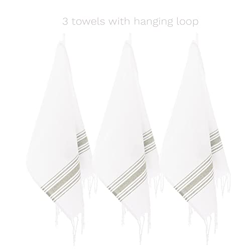 BAROOGA Hand Towels for Bathroom (Set of 3) Turkish Kitchen Towels, Farmhouse Towels for Kitchen, Fringe Tea Dish Cloth Set, Quick Dry and Highly Absorbent (18 x 38 inches) (Khaki Green)