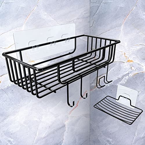 ToCofy Shower Caddy Bathroom Shelves Organizer Stainless Steel Shower Shelf Adhesive Kitchen Storage Rack with Soap Dish Razor and Towel Hooks(Black)