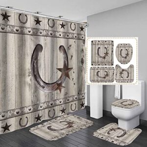 camille&andrew 4pcs western shower curtain set, horseshoe texas star barn star wooden barn door country rustic farmhouse bathroom decor, waterproof fabric shower curtain, non-slip bath mat toilet rug