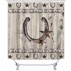 Camille&Andrew 4PCS Western Shower Curtain Set, Horseshoe Texas Star Barn Star Wooden Barn Door Country Rustic Farmhouse Bathroom Decor, Waterproof Fabric Shower Curtain, Non-Slip Bath Mat Toilet Rug