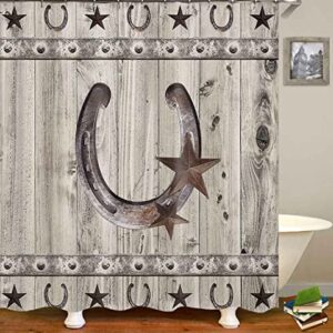 Camille&Andrew 4PCS Western Shower Curtain Set, Horseshoe Texas Star Barn Star Wooden Barn Door Country Rustic Farmhouse Bathroom Decor, Waterproof Fabric Shower Curtain, Non-Slip Bath Mat Toilet Rug