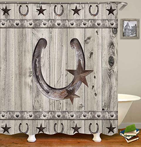 Camille&Andrew 4PCS Western Shower Curtain Set, Horseshoe Texas Star Barn Star Wooden Barn Door Country Rustic Farmhouse Bathroom Decor, Waterproof Fabric Shower Curtain, Non-Slip Bath Mat Toilet Rug