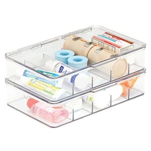 mdesign plastic divided first aid storage box kit with hinge lid for bathroom, cabinet, closet - organize medicine, ointments, adhesive bandages - 5 sections, ligne collection, 2 pack - clear