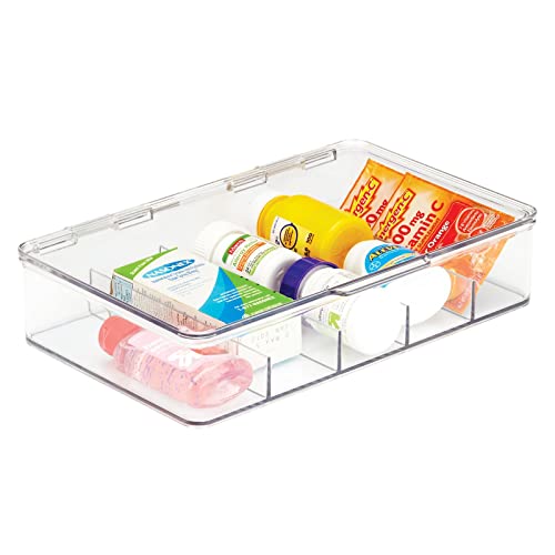 mDesign Plastic Divided First Aid Storage Box Kit with Hinge Lid for Bathroom, Cabinet, Closet - Organize Medicine, Ointments, Adhesive Bandages - 5 Sections, Ligne Collection, 2 Pack - Clear