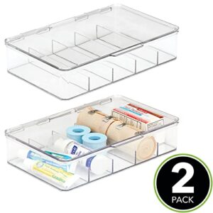 mDesign Plastic Divided First Aid Storage Box Kit with Hinge Lid for Bathroom, Cabinet, Closet - Organize Medicine, Ointments, Adhesive Bandages - 5 Sections, Ligne Collection, 2 Pack - Clear