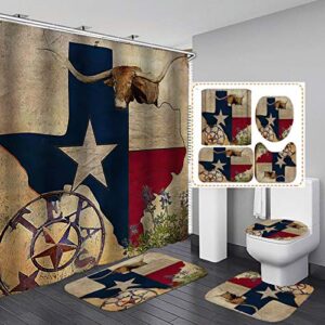 jayden&madge 4pcs/set western shower curtain, vintage brown barn star texas star texas map texas flag lone star farm animal rustic country farmhouse bathroom decor, non-slip bath rugs, cow and flower