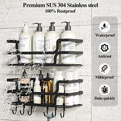 Auslar Shower Caddy, Shower Shelves, Shower Shelves for Inside Shower, Large Capacity Bathroom Shower Organizer with 6 Removable Hooks, Rustproof Stainless Steel, Self Adhesive Shower Shelves, Black